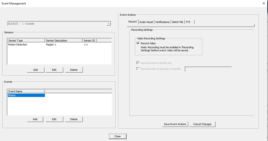 Events Configuration Panel – ViewCommander